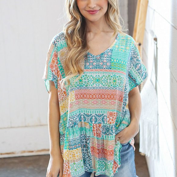 Haptics | Tops | Haptics Boho Patchwork Print Rayon Challis Vneck ...